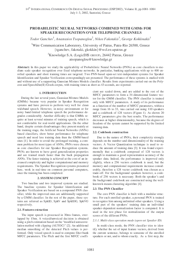 (PDF) Probabilistic neural networks combined with GMMs for speaker recognition over telephone ...