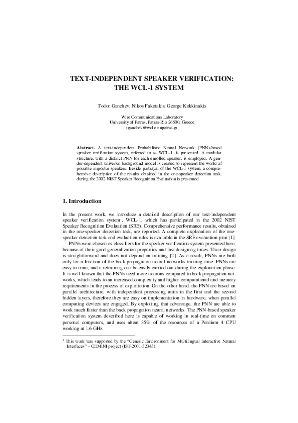 (PDF) Text-Independent Speaker Verification: The WCL-1 System