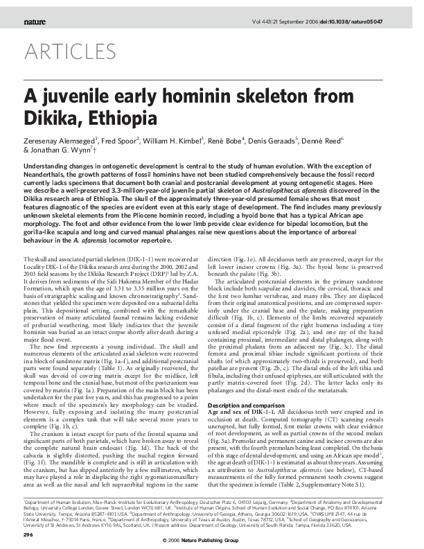 (PDF) A juvenile early hominin skeleton from Dikika, Ethiopia