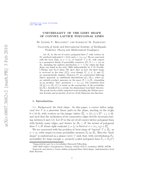 Pdf Universality Of The Limit Shape Of Convex Lattice Polygonal Lines Leonid Bogachev
