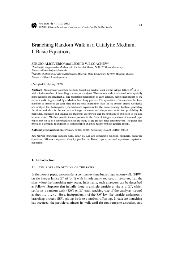 (PDF) Branching Random Walk in a Catalytic Medium. I. Basic Equations ...