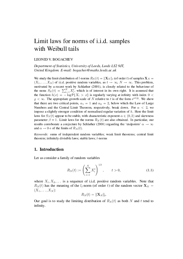 (PDF) Limit Laws for Norms of IID Samples with Weibull Tails
