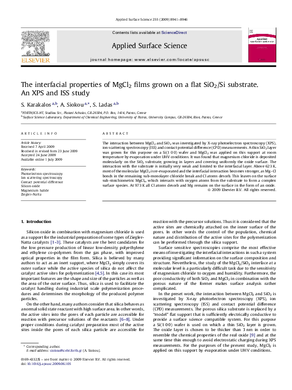 (PDF) The interfacial properties of MgCl2 films grown on a flat SiO2/Si substrate. An XPS and ...