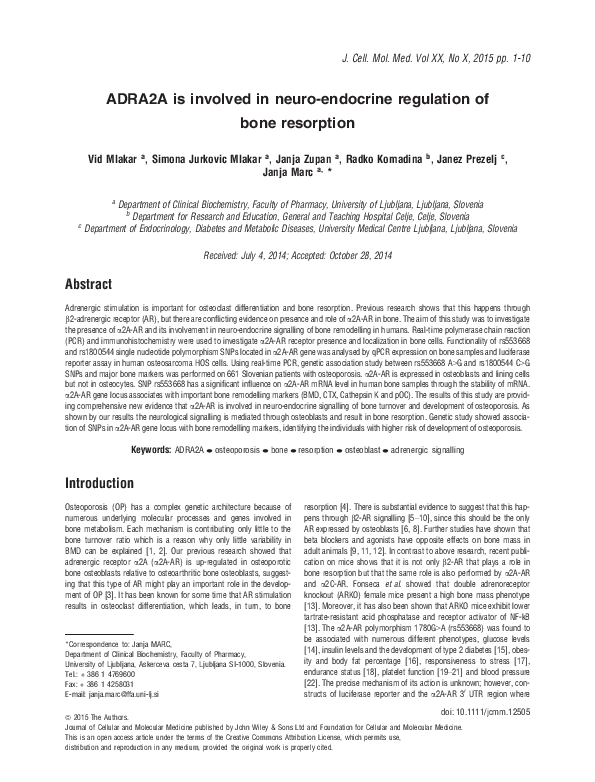 (PDF) ADRA2A is involved in neuro-endocrine regulation of bone resorption