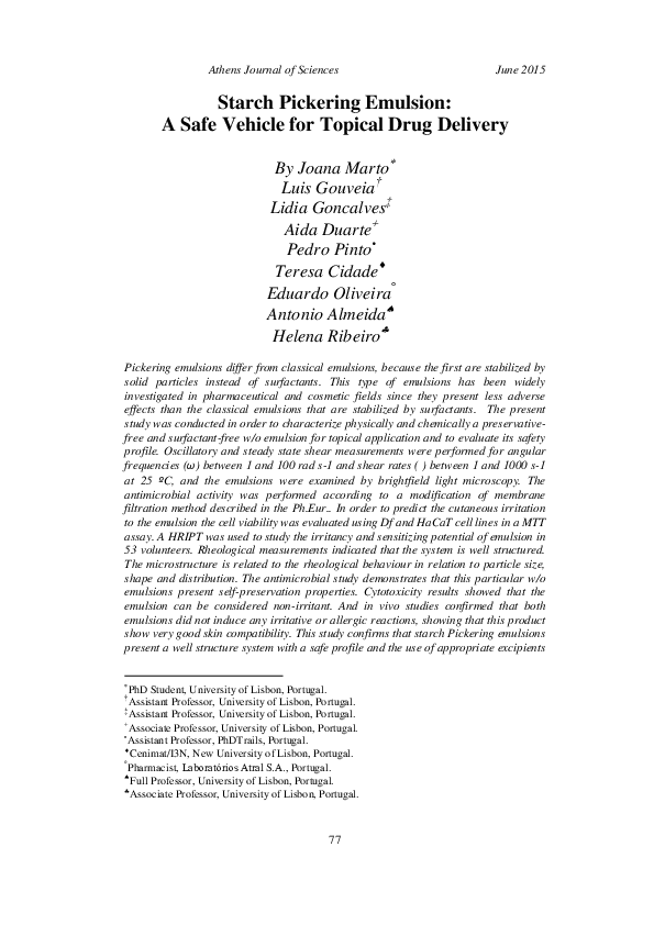 (PDF) Starch Pickering Emulsion: A Safe Vehicle for Topical Drug Delivery