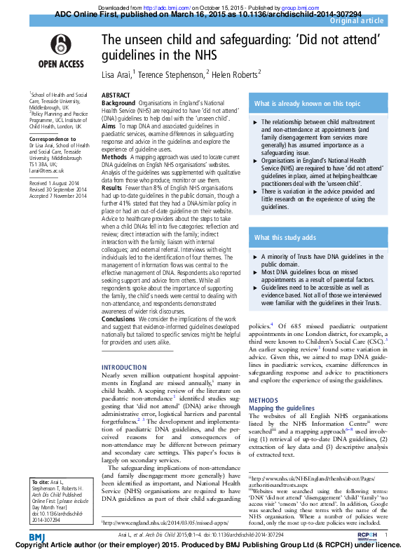 (PDF) The unseen child and safeguarding: ‘Did not attend’ guidelines in ...