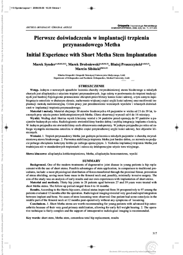 (PDF) Initial experience with short Metha stem implantation. Ortop ...