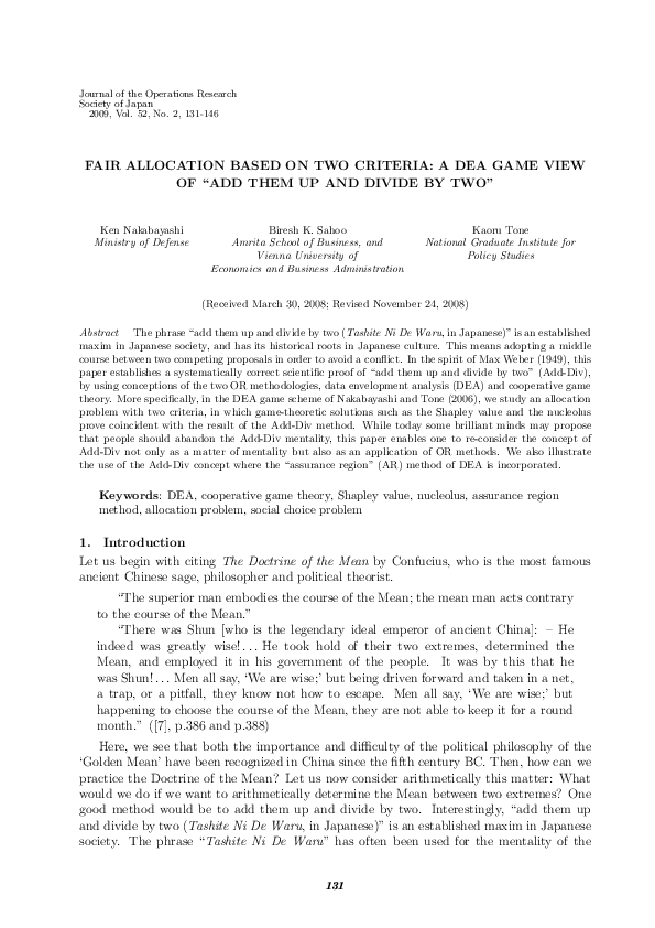 Pdf Fair Allocation Based On Two Criteria A Dea Game View Of Add