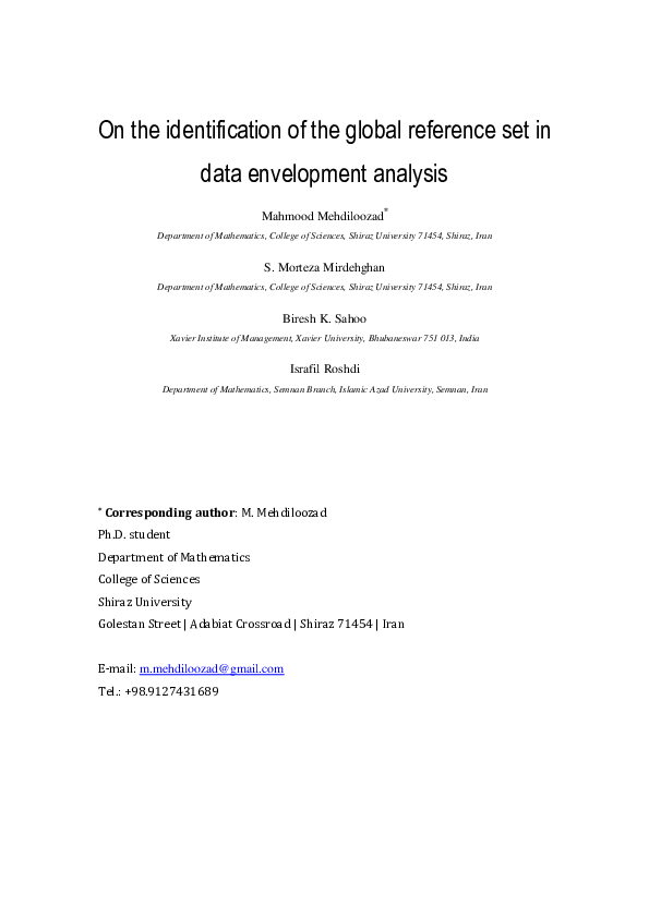 Pdf On The Identification Of The Global Reference Set In Data Envelopment Analysis Biresh K