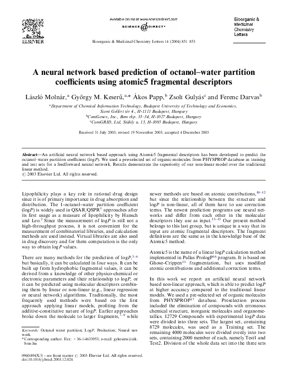 Pdf A Neural Network Based Prediction Of Octanolwater Partition Coefficients Using Atomic5