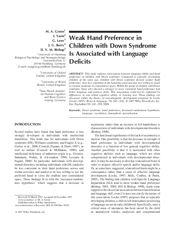 (PDF) Weak hand preference in children with down syndrome is associated ...