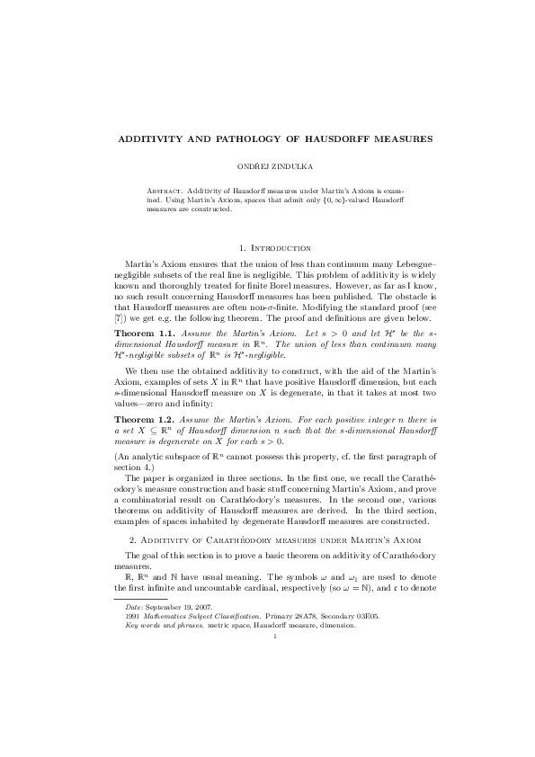 (PDF) Additivity and pathology of Hausdorff measures | Ondrej Zindulka ...