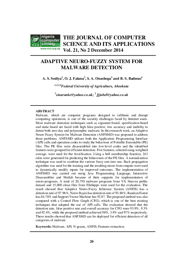 (PDF) ADAPTIVE NEURO-FUZZY SYSTEM FOR MALWARE DETECTION
