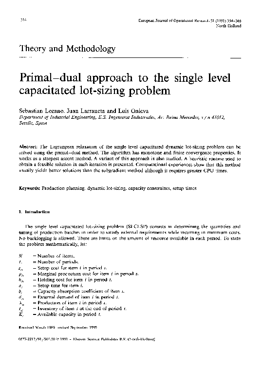 (PDF) Primal-dual approach to the single level capacitated lot-sizing ... (PDF) Primal-dual approach to the single level capacitated lot-sizing ...