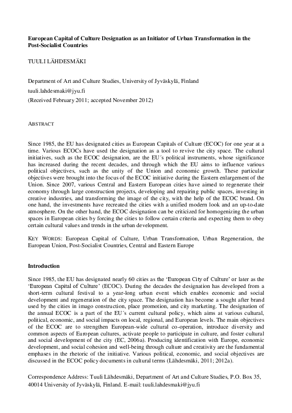 (PDF) European Capital of Culture Designation as an Initiator of Urban ...