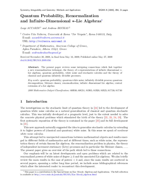 (PDF) Quantum probability, renormalization and infinite dimensional ...