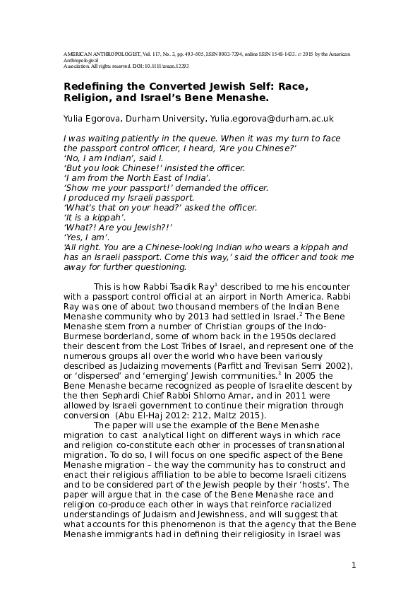 (DOC) Redefining the Converted Jewish Self: Race, Religion and Israel's ...