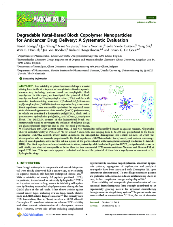 (PDF) Degradable Ketal-Based Block Copolymer Nanoparticles for Anticancer Drug Delivery: A ...