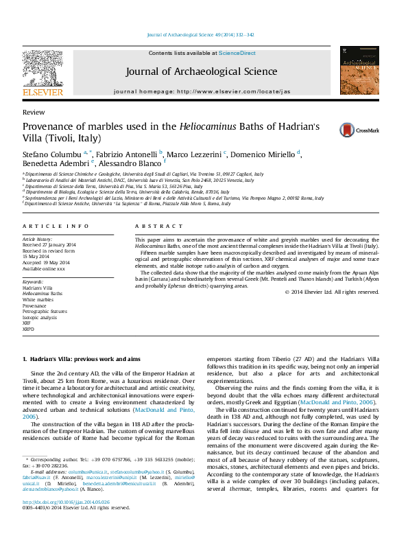 (PDF) Provenance of marbles used in the Heliocaminus Baths of Hadrian's ...