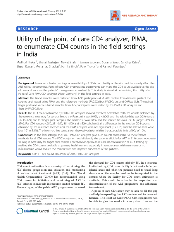 (PDF) Utility of the point of care CD4 analyzer, PIMA, to enumerate CD4 ...