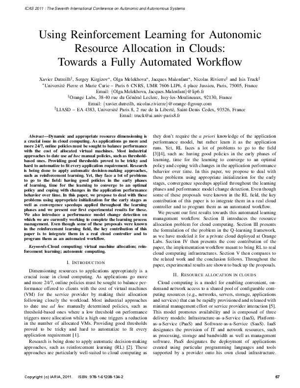 (PDF) Using Reinforcement Learning for Autonomic Resource Allocation in Clouds: Towards a Fully ...