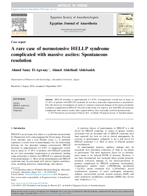 (PDF) NORMOTENSIVE HELLP SYNDROME COMPLICATED WITH MASSIVE ASCITES ...