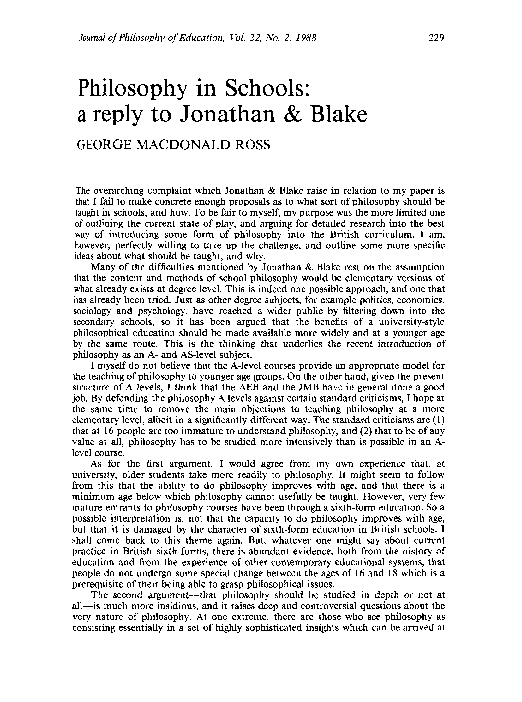 (PDF) Philosophy in Schools: a reply to Jonathan & Blake