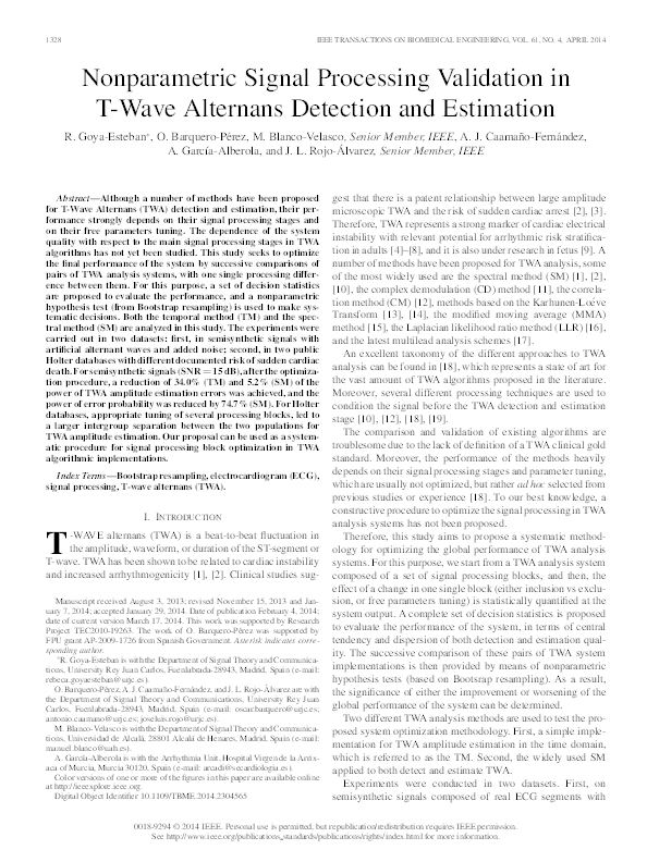 (PDF) Nonparametric Signal Processing Validation in T-Wave Alternans Detection and Estimation