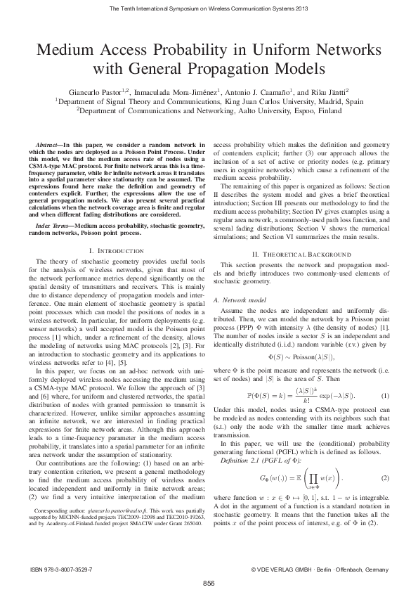 (PDF) Medium Access Probability in Uniform Networks with General Propagation Models | Antonio ...