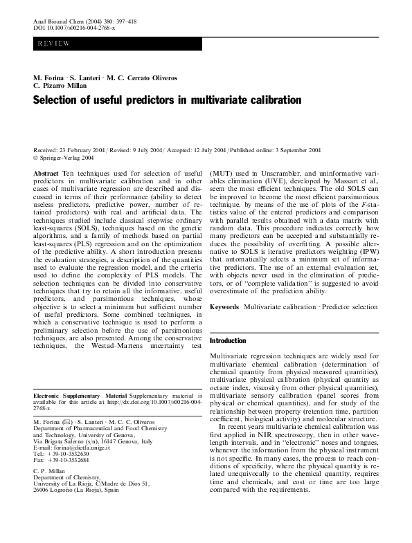 (PDF) Selection of useful predictors in multivariate calibration