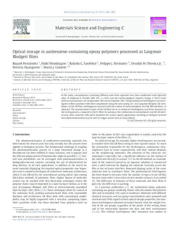 (PDF) Optical storage in azobenzene-containing epoxy polymers processed as Langmuir Blodgett films