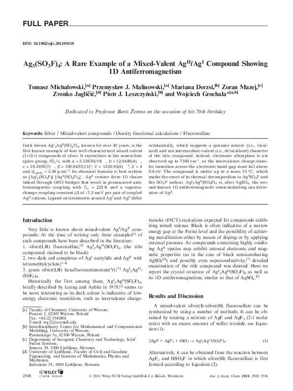 (PDF) Ag3(SO3F)4: A Rare Example of a Mixed-Valent AgII/AgI Compound ...