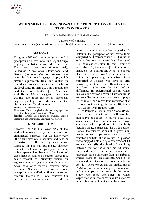 (PDF) When more is less: Non-native perception of level tone contrasts
