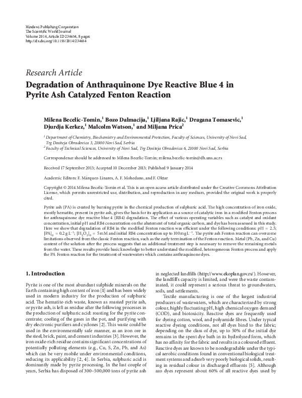 (PDF) Degradation of anthraquinone dye reactive blue 4 in pyrite ash ...