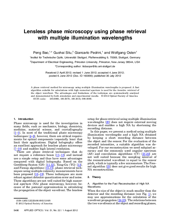 (PDF) Lensless phase microscopy using phase retrieval with multiple ...