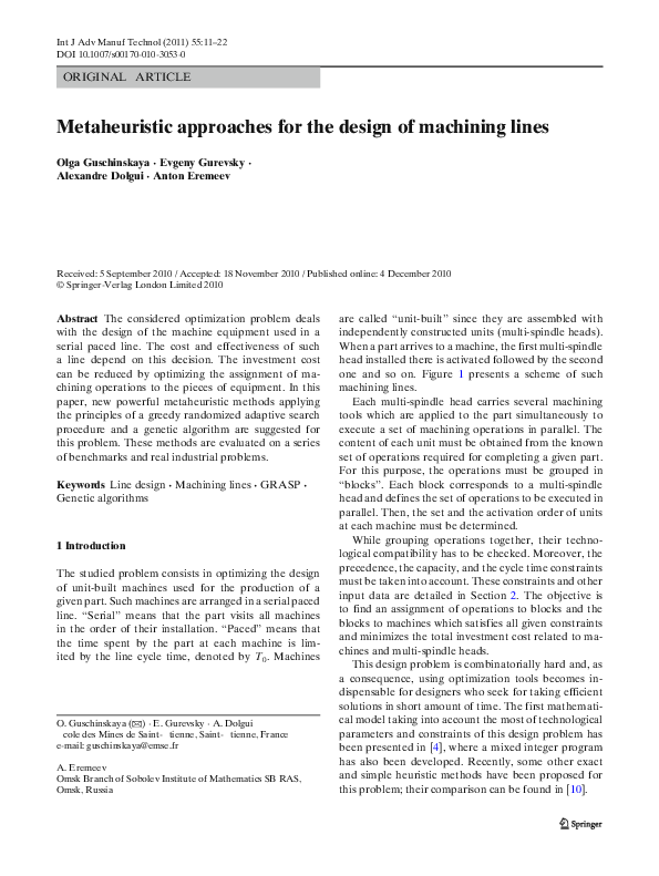 (PDF) Metaheuristic approaches for the design of machining lines ... (PDF) Metaheuristic approaches for the design of machining lines ...
