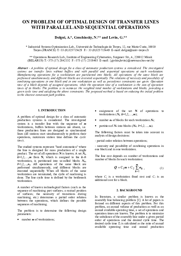(DOC) On problem of optimal design of transfer lines with parallel and sequential operations