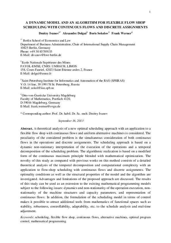 Pdf A Dynamic Model And An Algorithm For Flexible Flow Shop Scheduling With Continuous Flows
