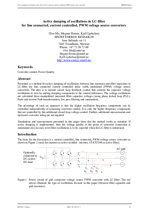 Pdf Active Damping Of Oscillations In Lc Filter For Line Connected