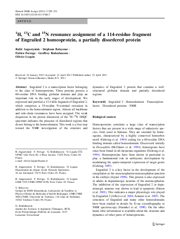 (PDF) 1H, 13C and 15N resonance assignment of a 114-residue fragment of Engrailed 2 homeoprotein ...