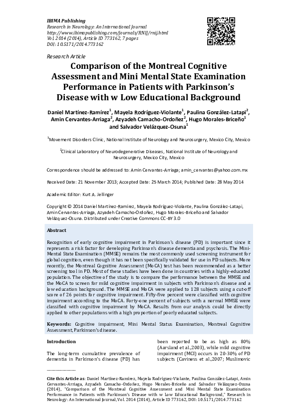 (PDF) Comparison of the Montreal Cognitive Assessment and Mini Mental State Examination ...
