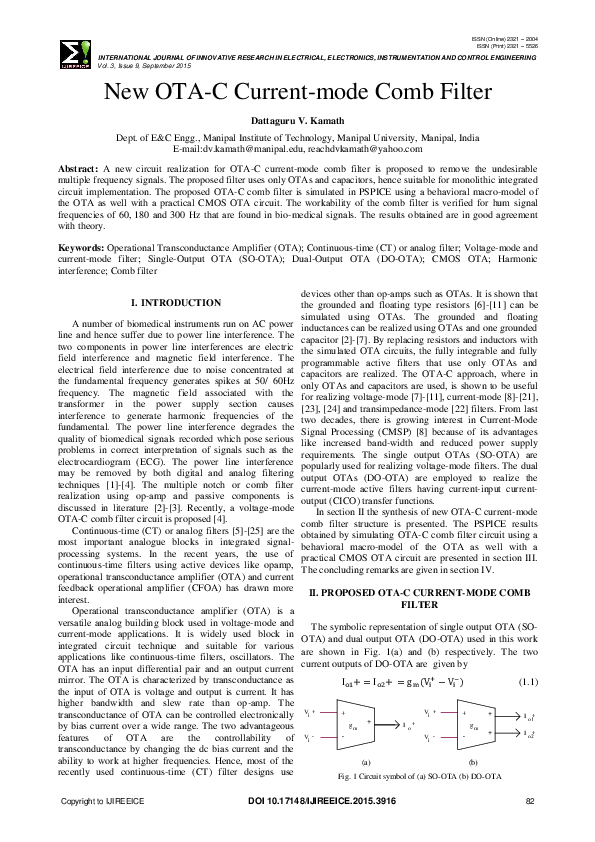 (PDF) New OTA-C Current-mode Comb Filter