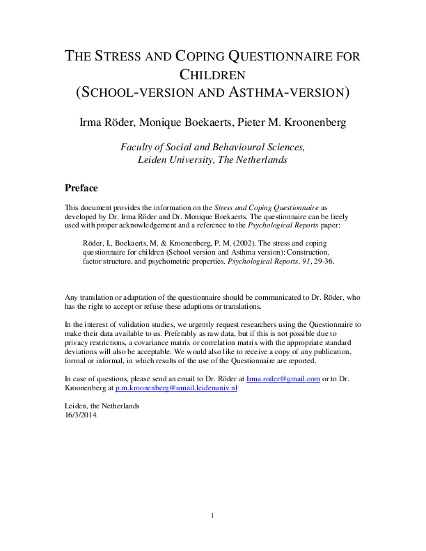 (PDF) The stress and coping questionnaire for children (School version ...