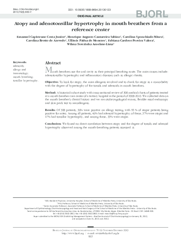 (PDF) Atopy and adenotonsillar hypertrophy in mouth breathers from a ...