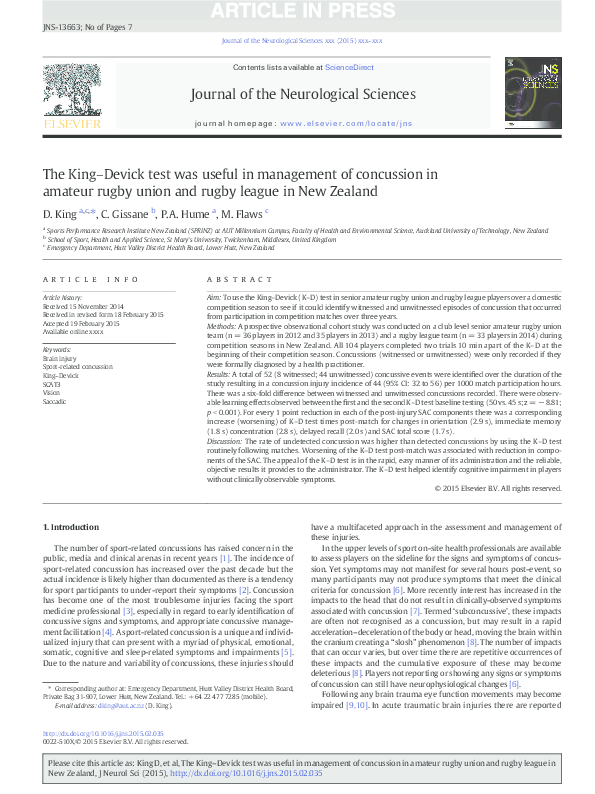 (PDF) The King–Devick test was useful in management of concussion in ...