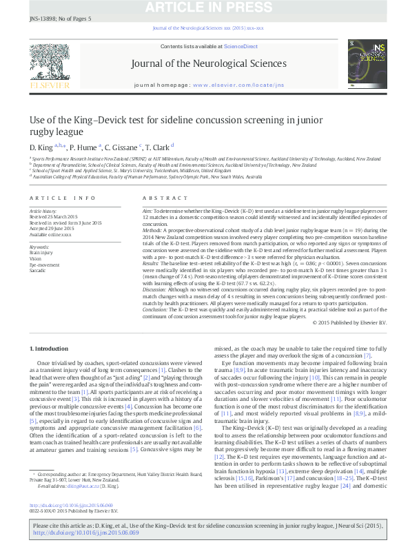 (PDF) Use of the King–Devick test for sideline concussion screening in ...