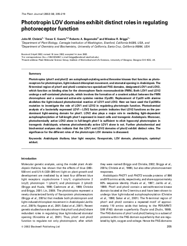 (PDF) Phototropin LOV domains exhibit distinct roles in regulating ...