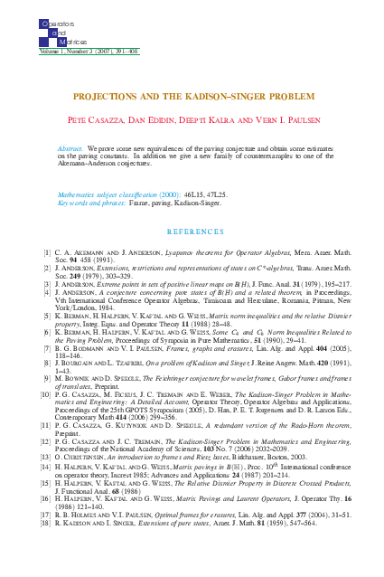 (PDF) Projections and the Kadison-Singer problem