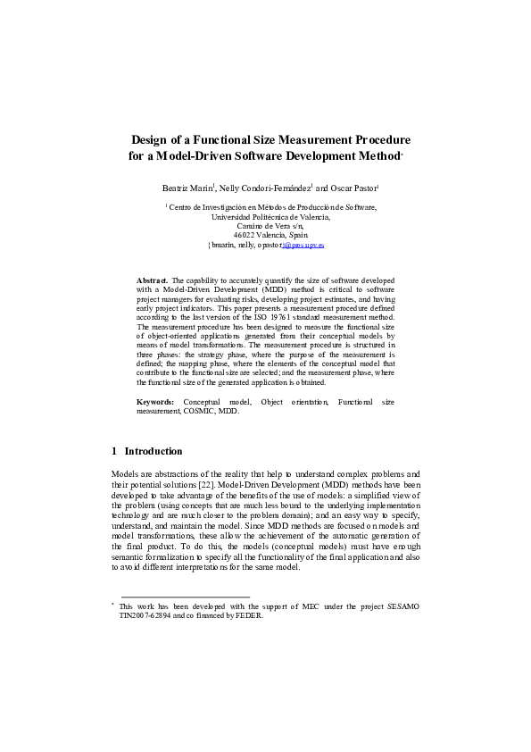 Pdf Design Of A Functional Size Measurement Procedure For A Model Driven Software Development