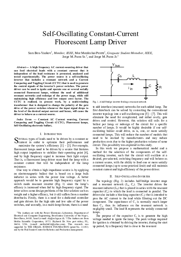 (PDF) Self-oscillating constant-current fluorescent lamp driver